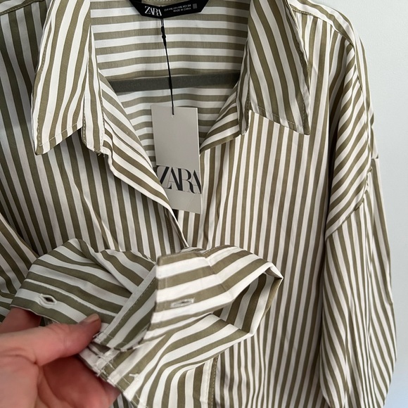 Zara | Tops | New With Tags Zara Basic Poplin Striped Shirt Green ...